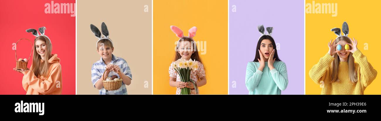 Set of different people celebrating Easter on color background Stock ...