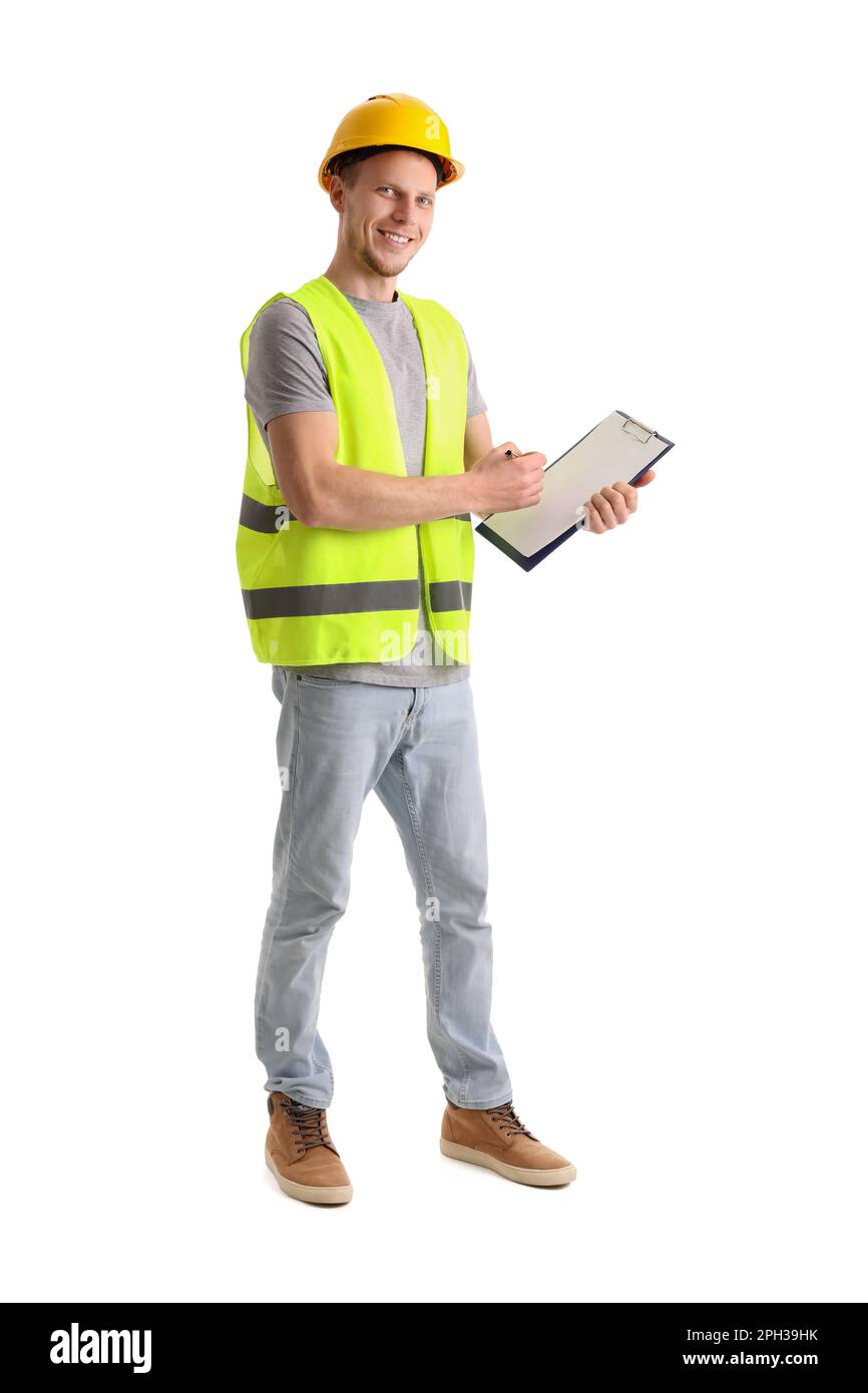 Male engineer with clipboard on white background Stock Photo - Alamy