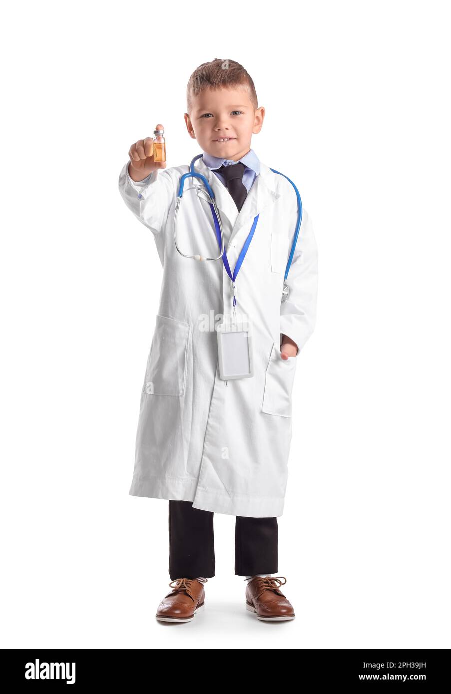 Cute little doctor with vaccine on white background Stock Photo - Alamy