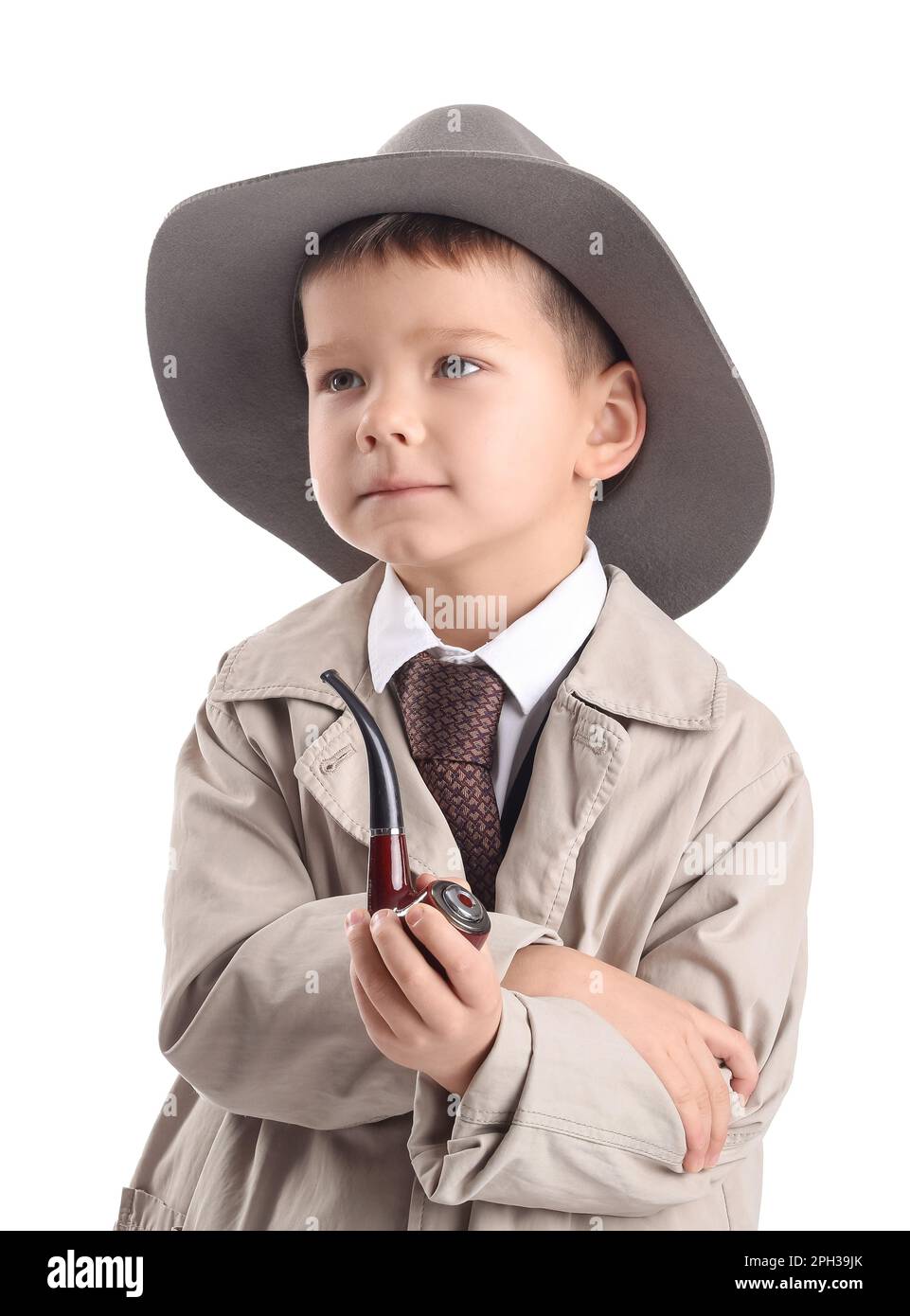 Cute little detective with smoking pipe on white background Stock Photo ...