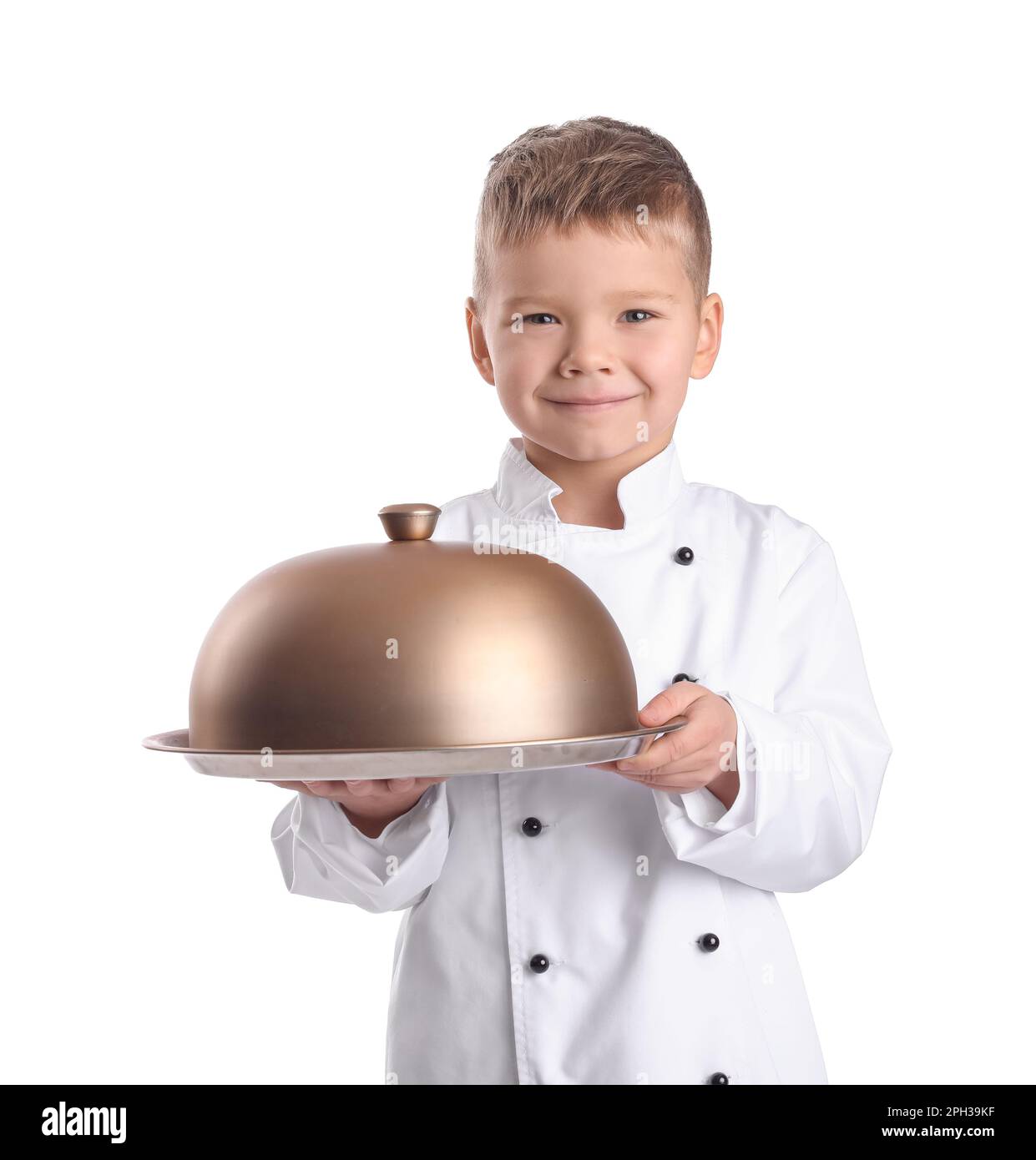 Cute little chef with cloche on white background Stock Photo - Alamy