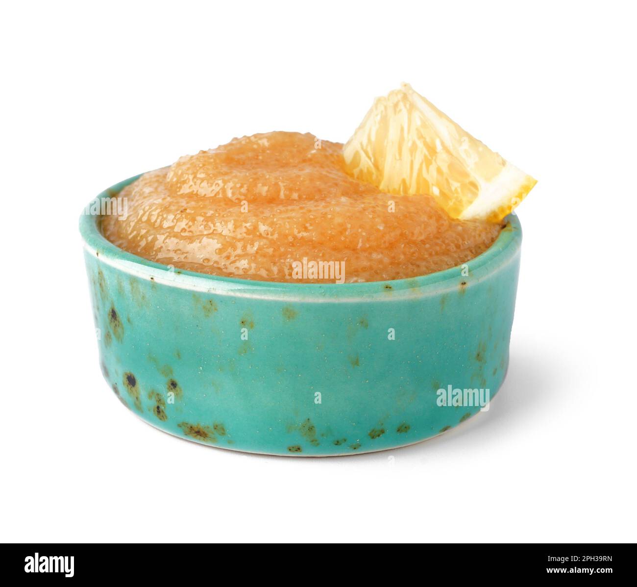 Bowl with caviar of capelin and lemon slice isolated on white ...