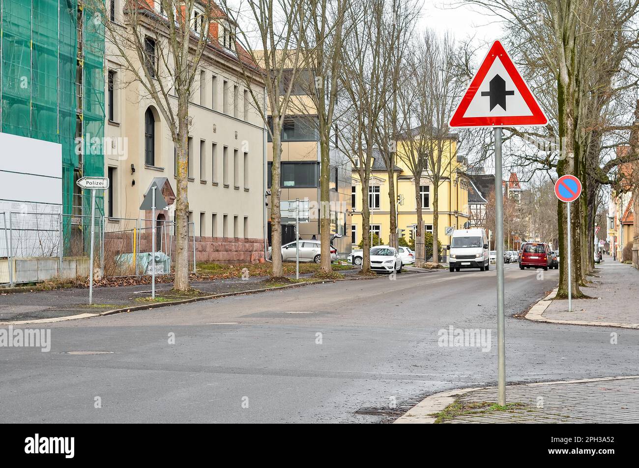View of city street with road and traffic signs Stock Photo - Alamy