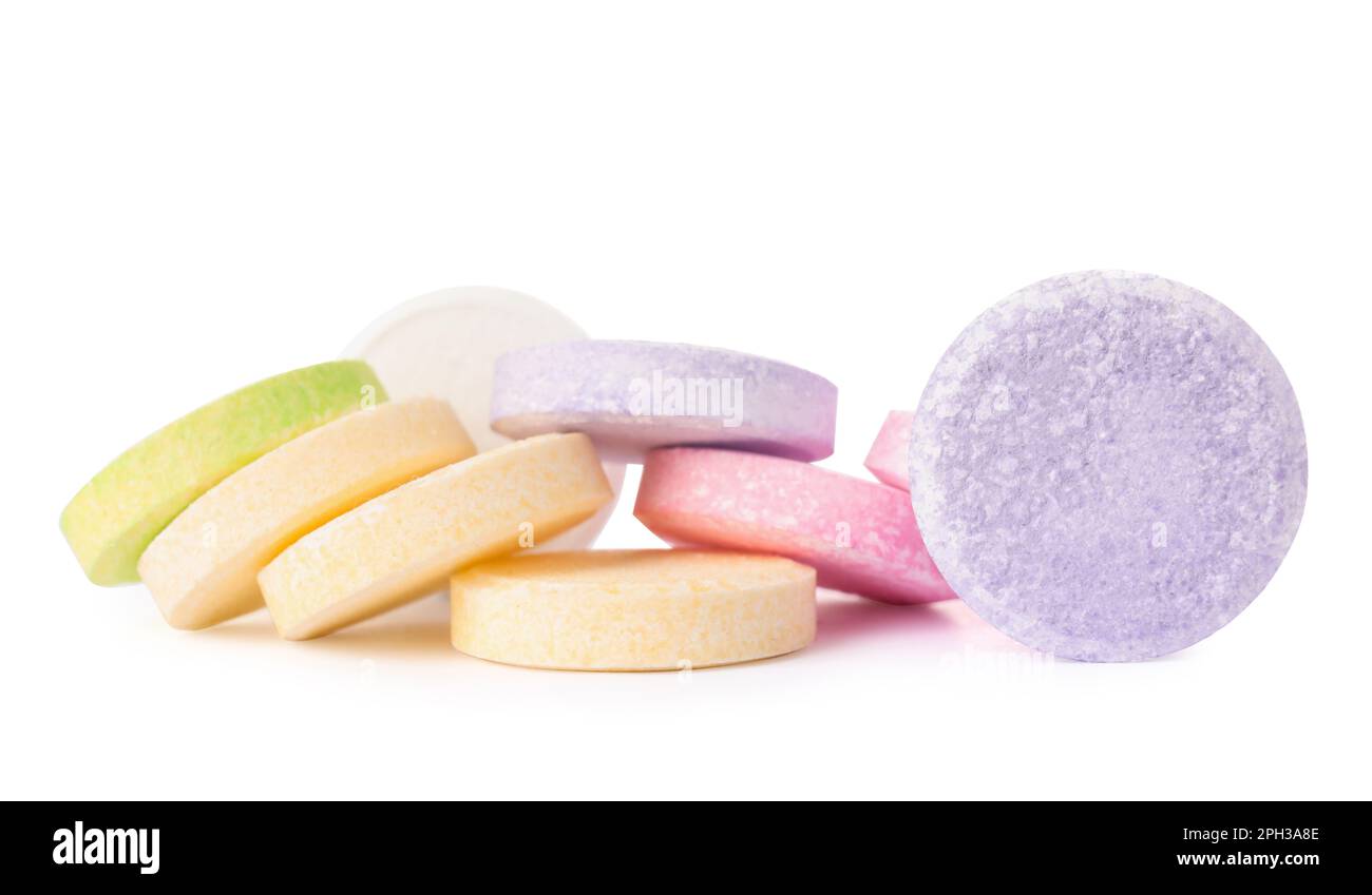 Colorful soluble tablets isolated on white background Stock Photo - Alamy