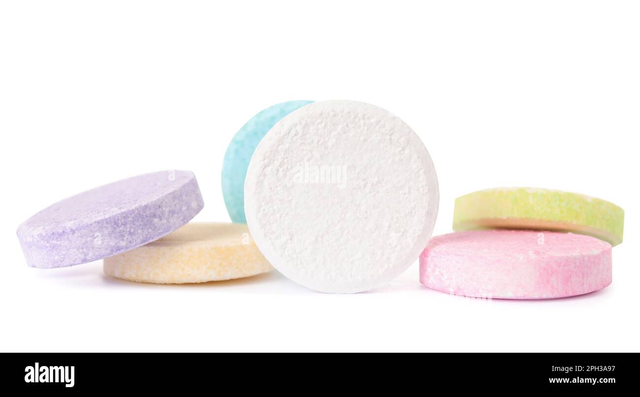 Colorful soluble tablets isolated on white background Stock Photo - Alamy