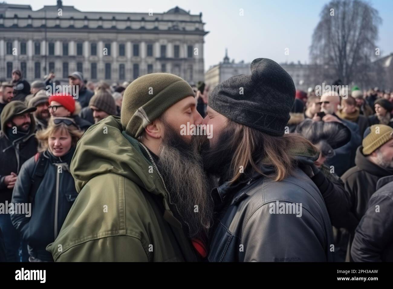 Two gay men with long beards and long hair kissing on a cold day in a ...