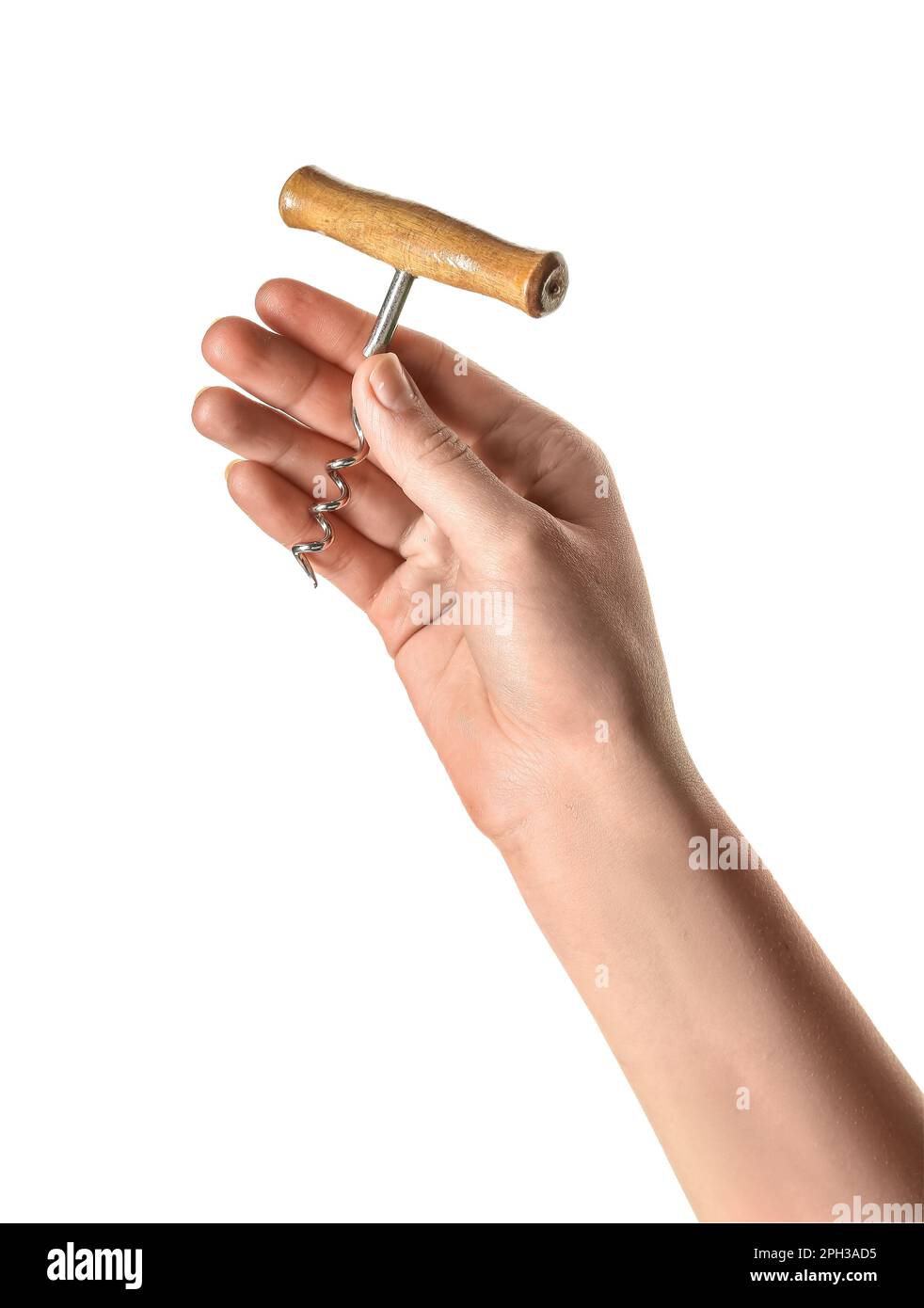 Female hand holding corkscrew isolated on white background Stock Photo ...