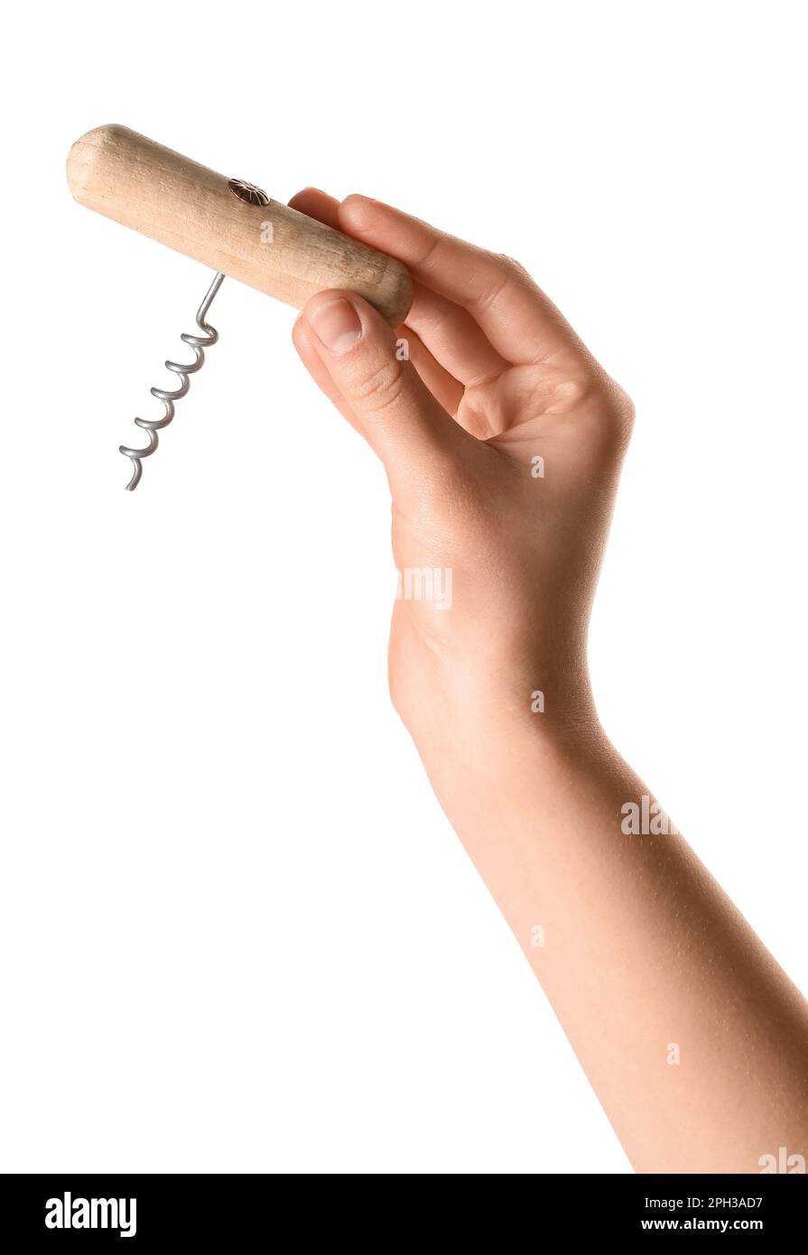 Female hand holding corkscrew isolated on white background Stock Photo ...