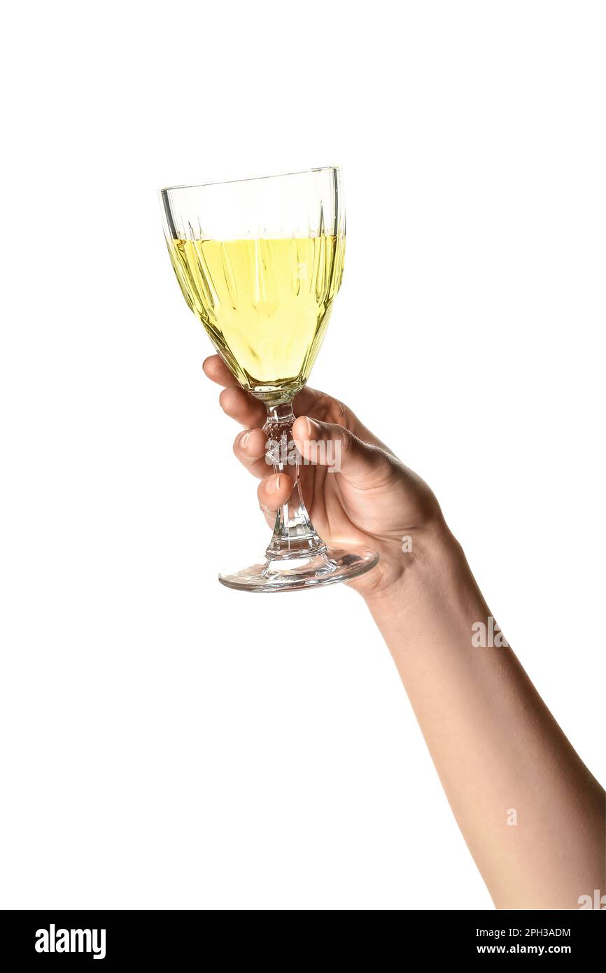 Female hand holding glass of wine isolated on white background Stock ...