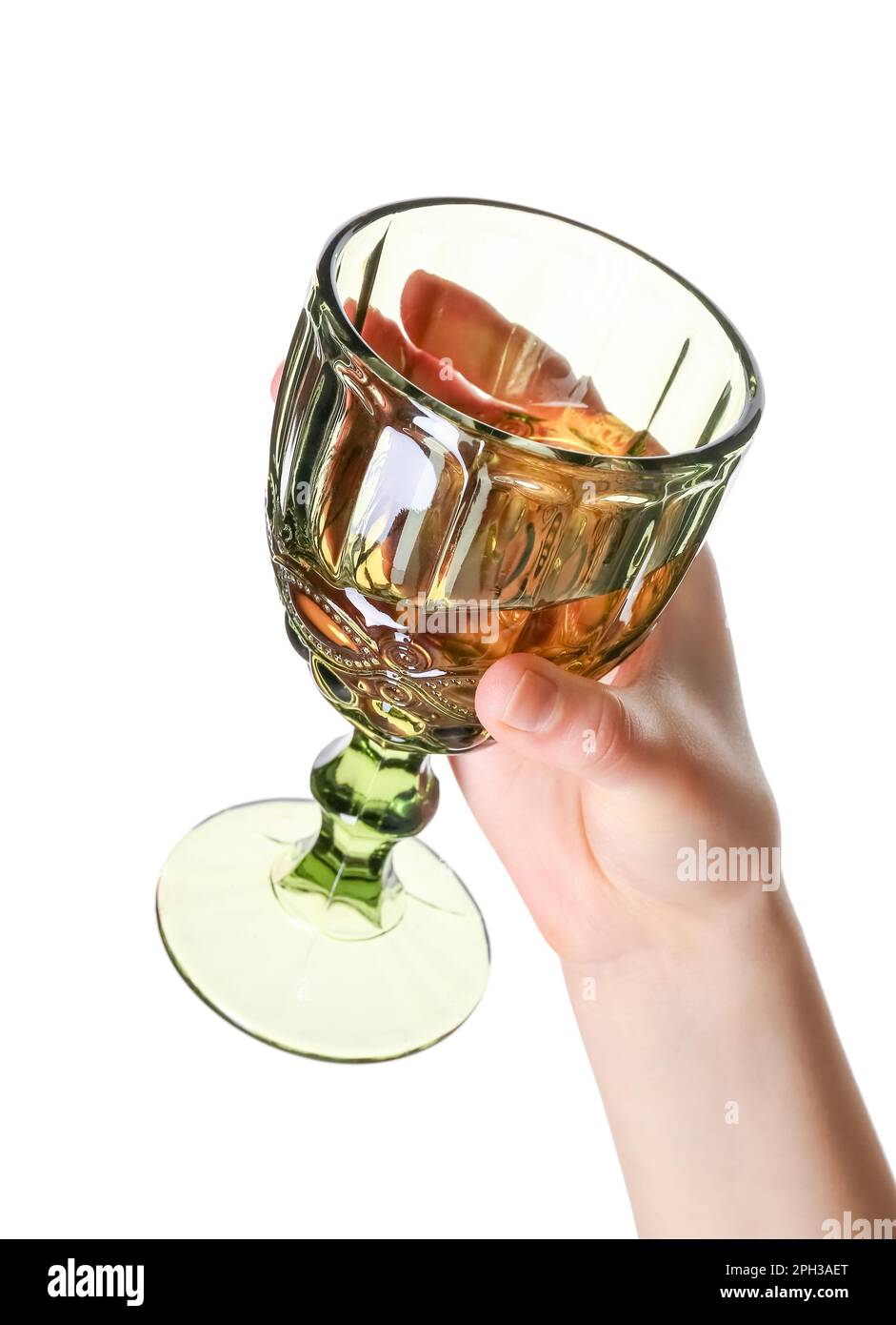 Female hand holding glass of wine isolated on white background Stock ...