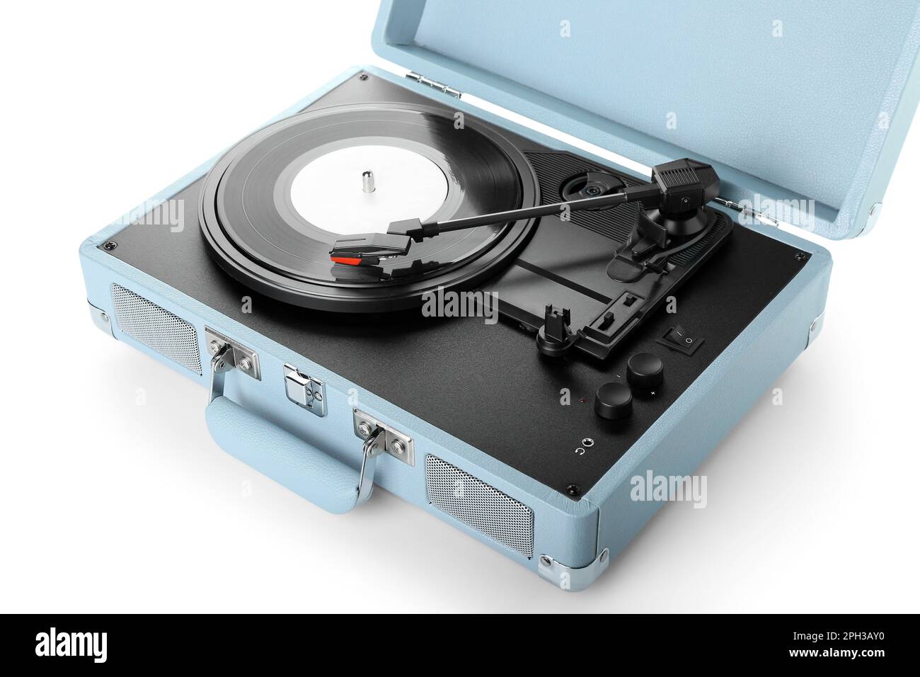 Record player with vinyl disk on white background, closeup Stock Photo ...