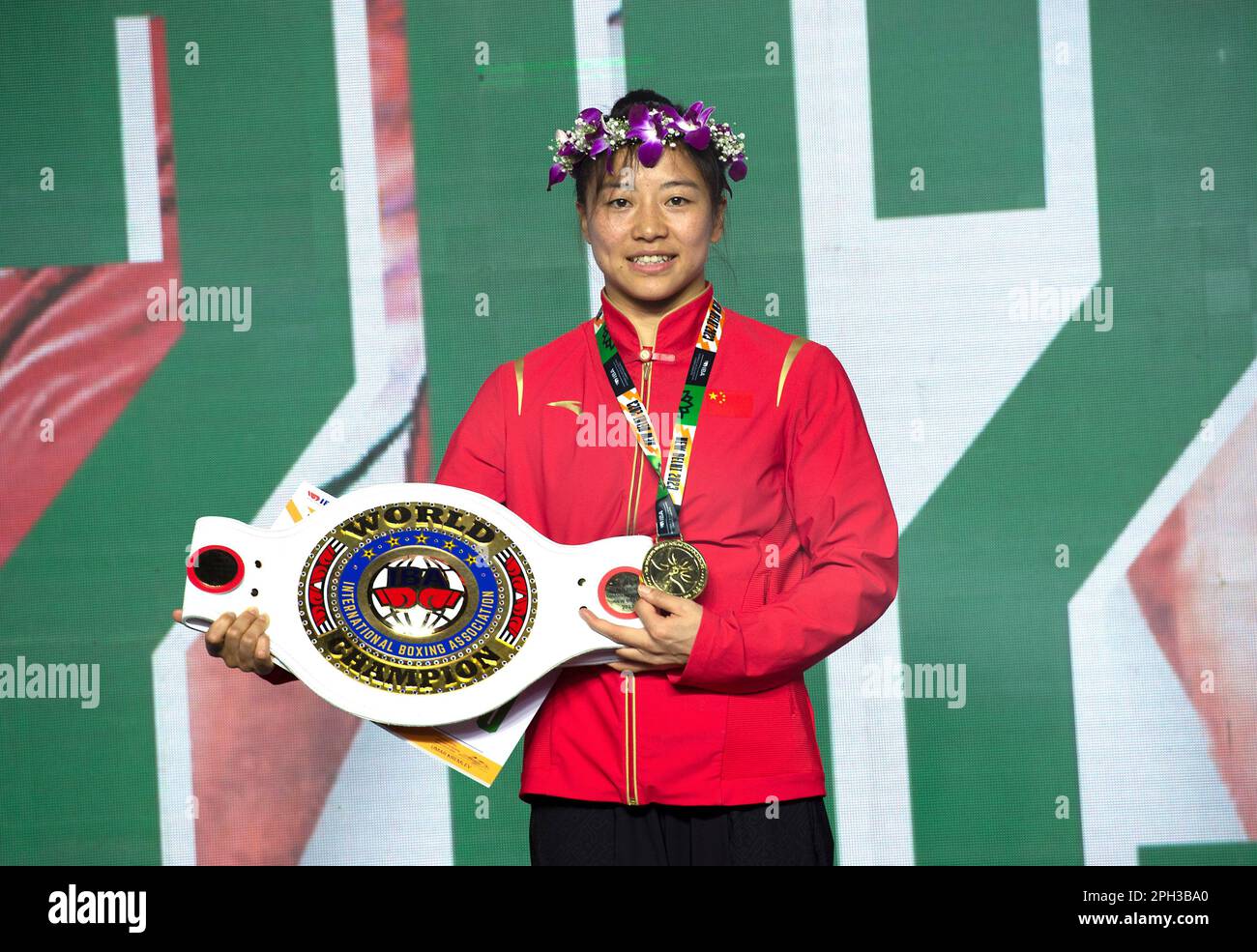 New Delhi. 25th Mar, 2023. Wu Yu of China reacts during the medal ...