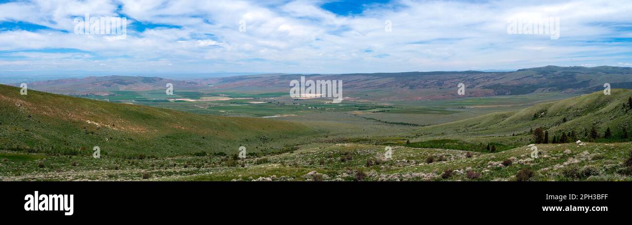 A panoramic view of farm fields in the valley from the Sawtooth ...