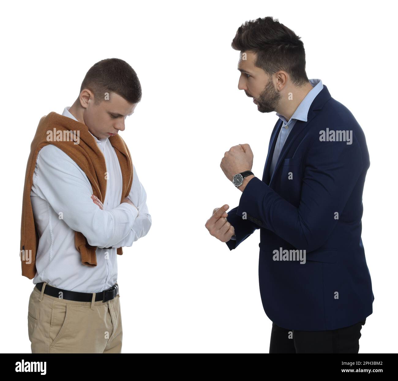 Businessman pointing on wrist watch while scolding employee for being ...
