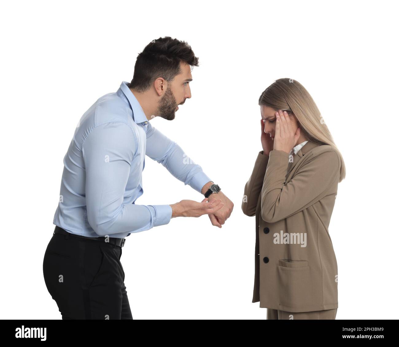 Businessman screaming at employee for being late against white ...