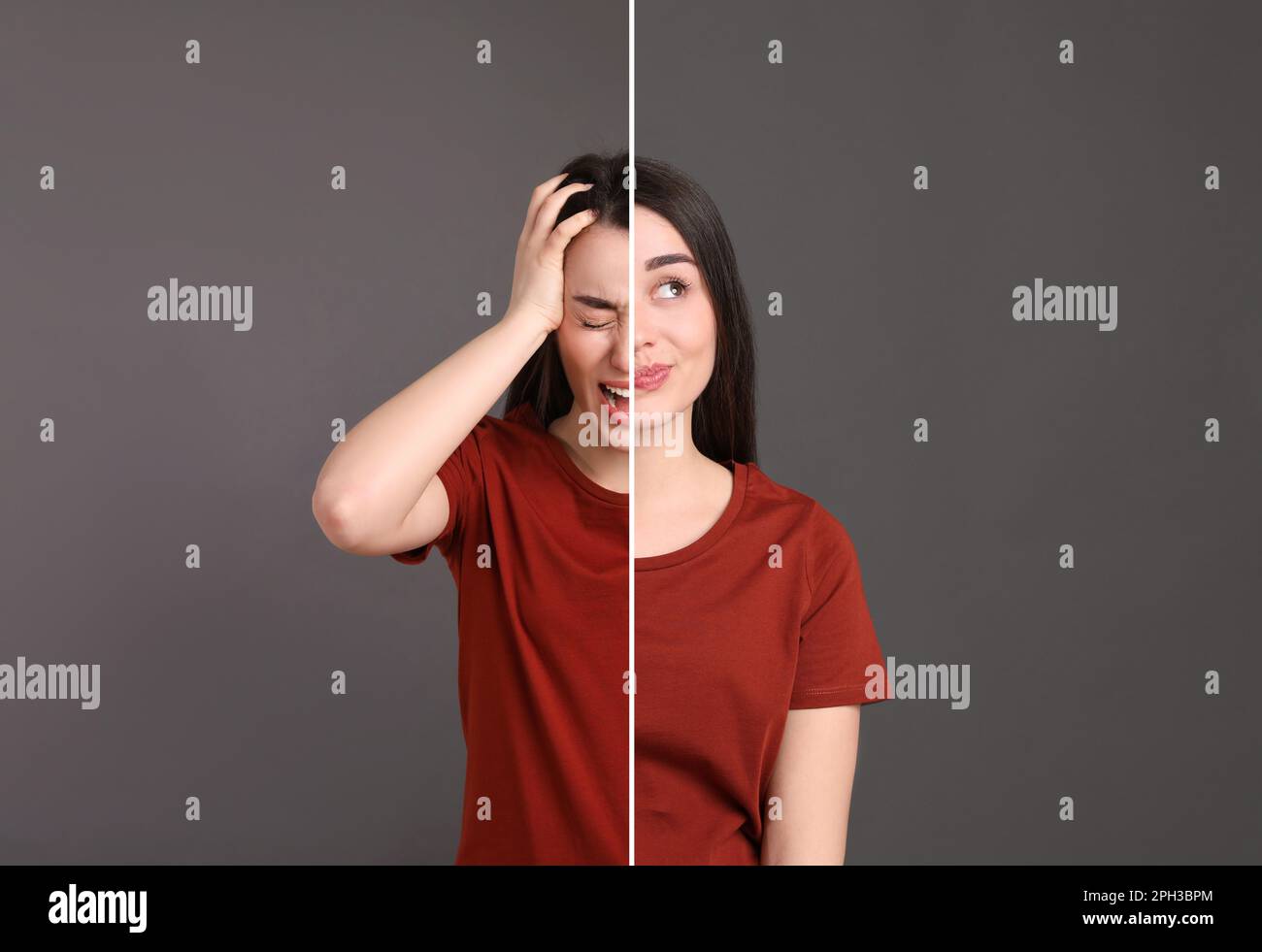 Young woman expressing different emotions on grey background, collage ...
