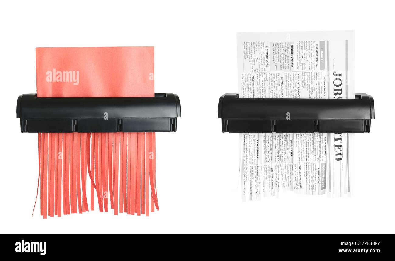 Destroying paper with shredders on white background, collage. Banner ...
