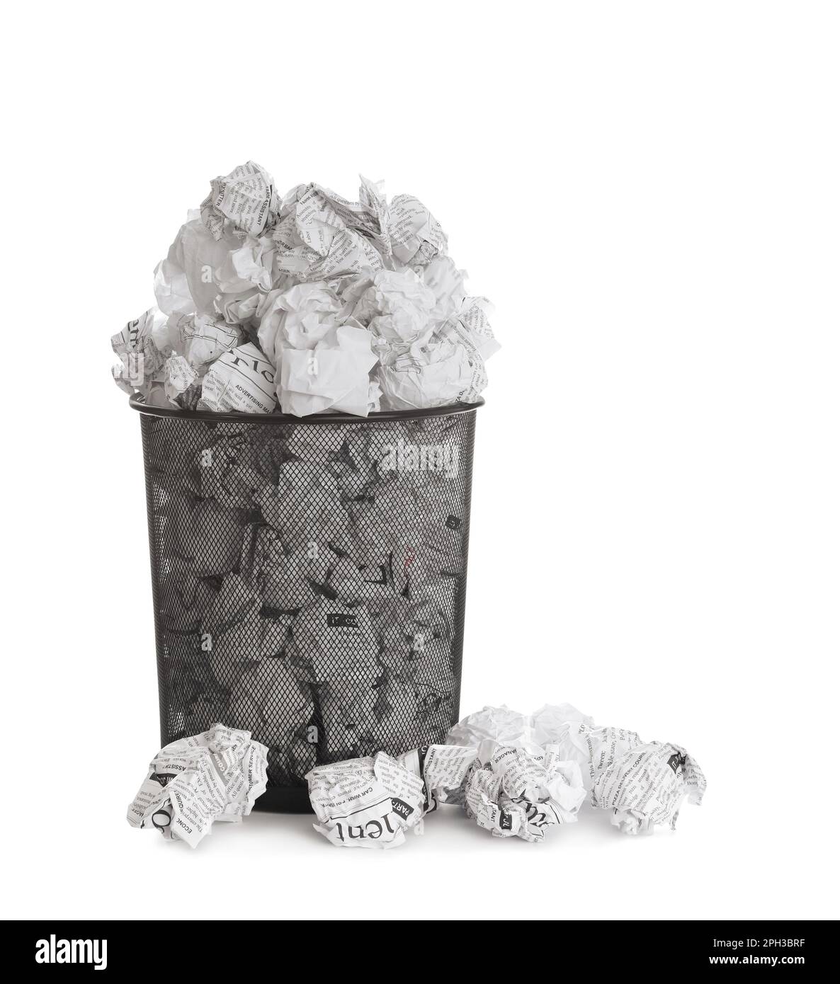 Trash bin full of paper on white background. Recycling rubbish Stock ...