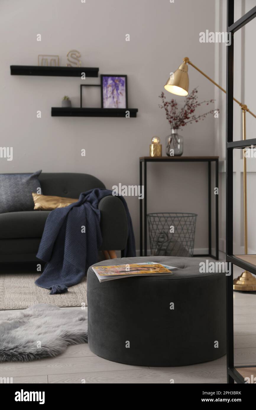 Living room interior with stylish pouf and furniture Stock Photo - Alamy