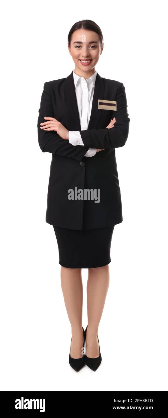 Full length portrait of happy young receptionist in uniform on white ...