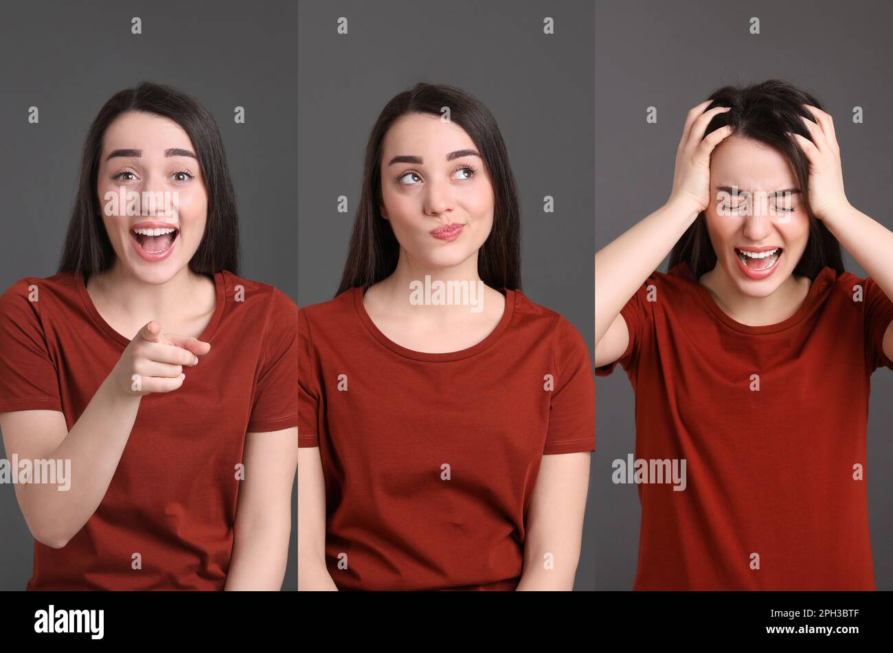 Young woman expressing different emotions on grey background, collage ...