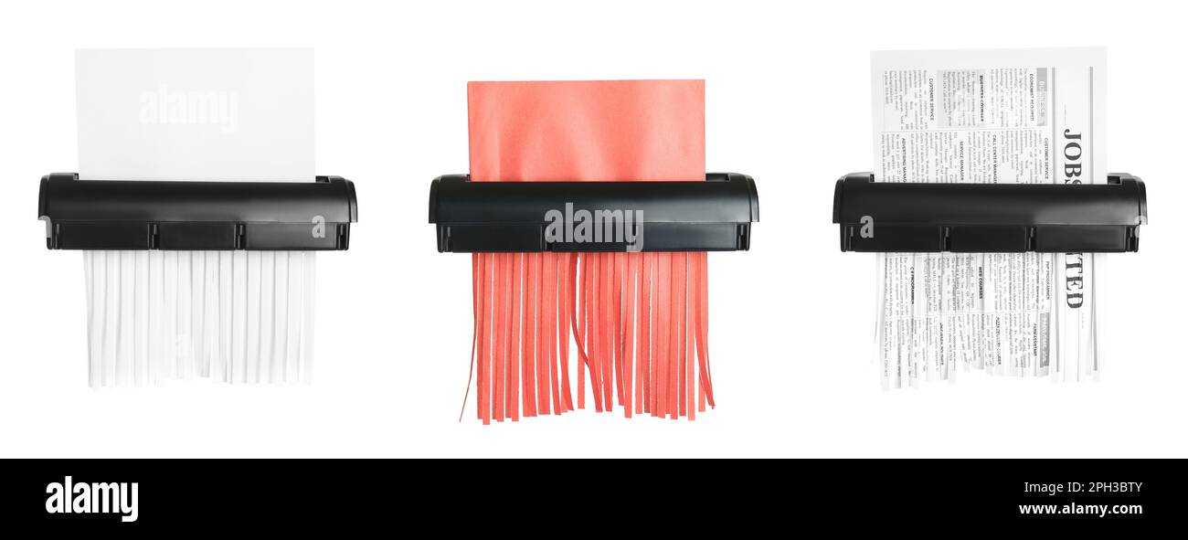 Destroying paper with shredders on white background, collage. Banner ...