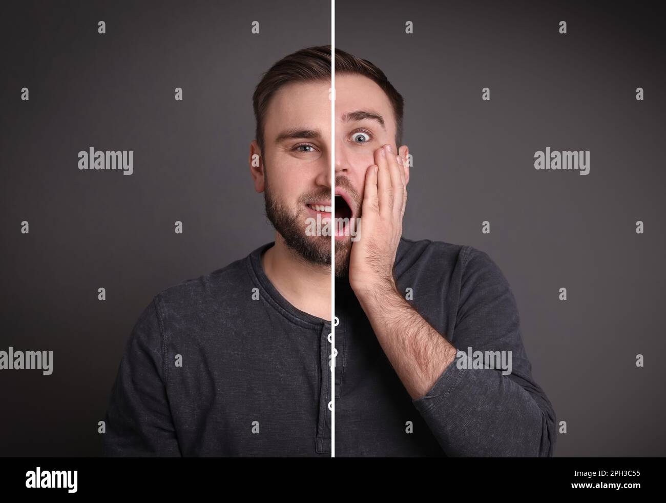 Young man expressing different emotions on grey background, collage ...