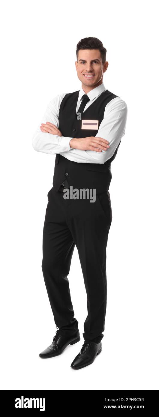 Full length portrait of happy receptionist in uniform on white ...