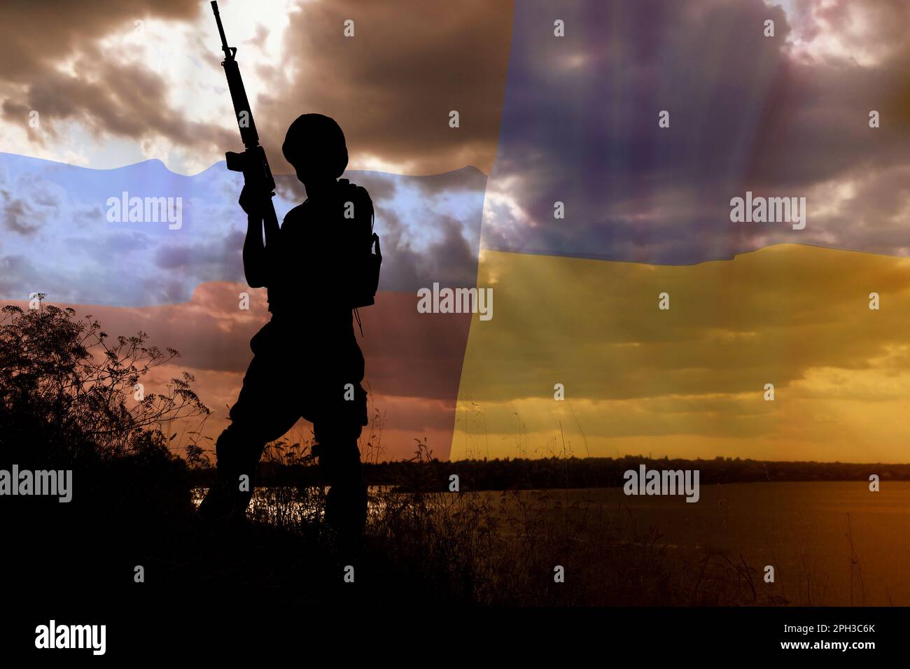 Russian-Ukrainian war. Multiple exposure with silhouette of soldier ...