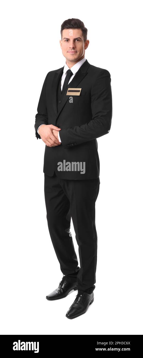 Full length portrait of happy receptionist in uniform on white ...