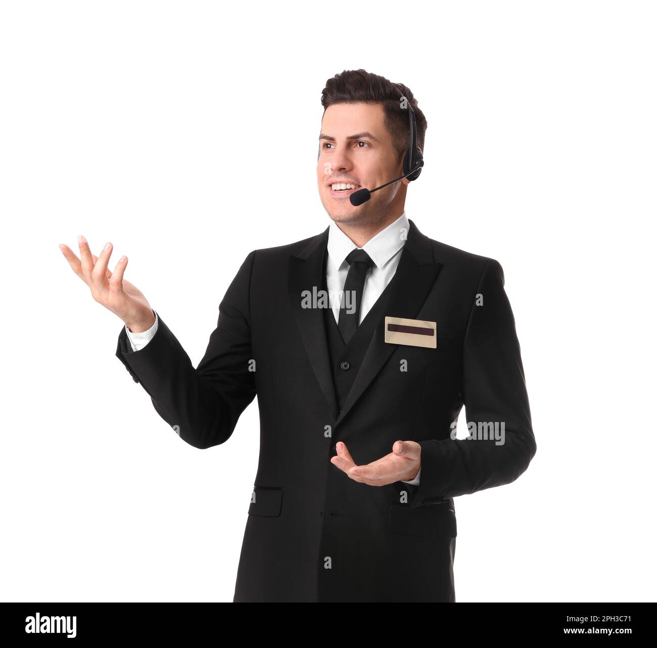 Portrait of receptionist with headset on white background Stock Photo ...