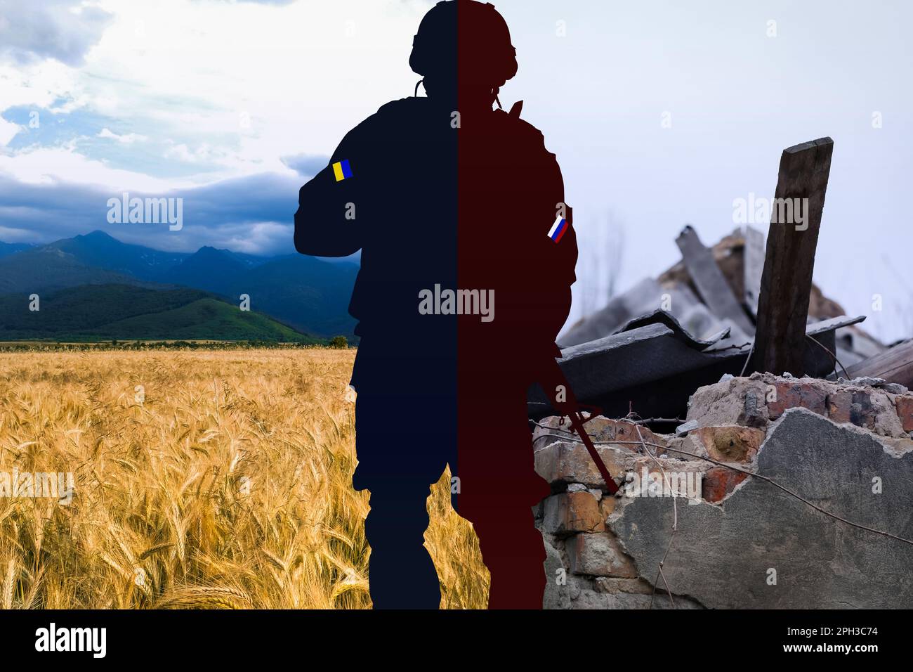 Russian-Ukrainian war. Silhouette of Ukrainian defender in wheat field ...