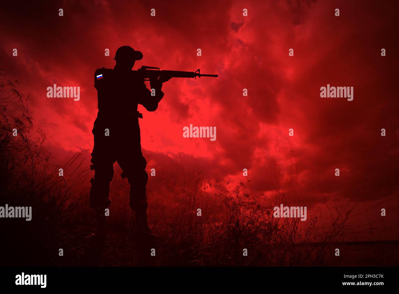Russian invasion of Ukraine. Silhouette of armed soldier from Russia ...