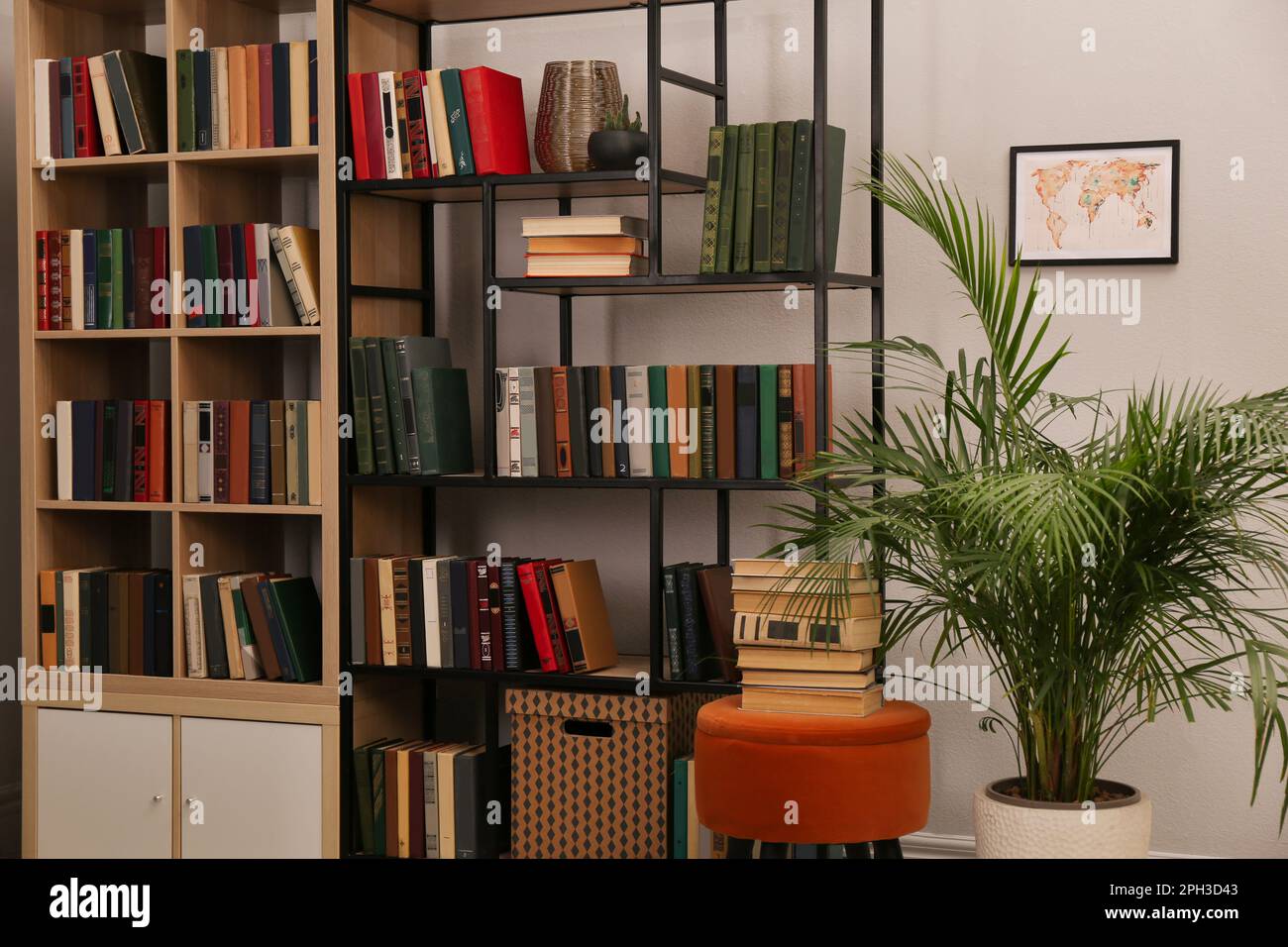 Cozy home library interior with collection of different books on ...