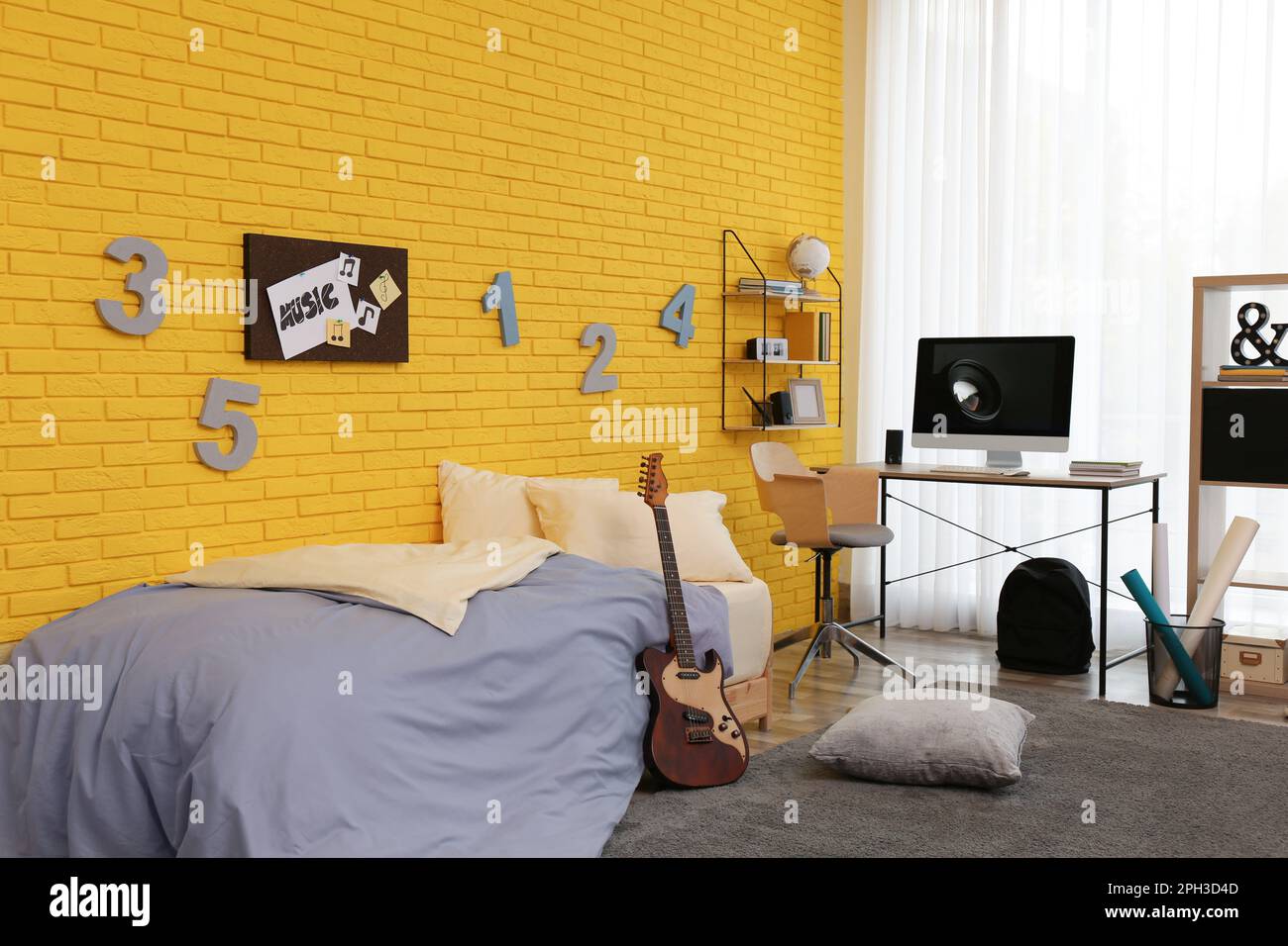 Stylish teenager's room interior with computer and bed Stock Photo - Alamy