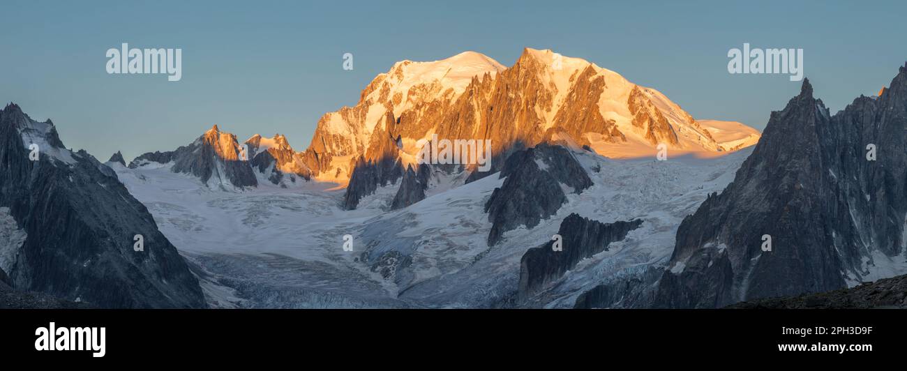 The panorama of Mont Blanc massif in the morning light Stock Photo - Alamy