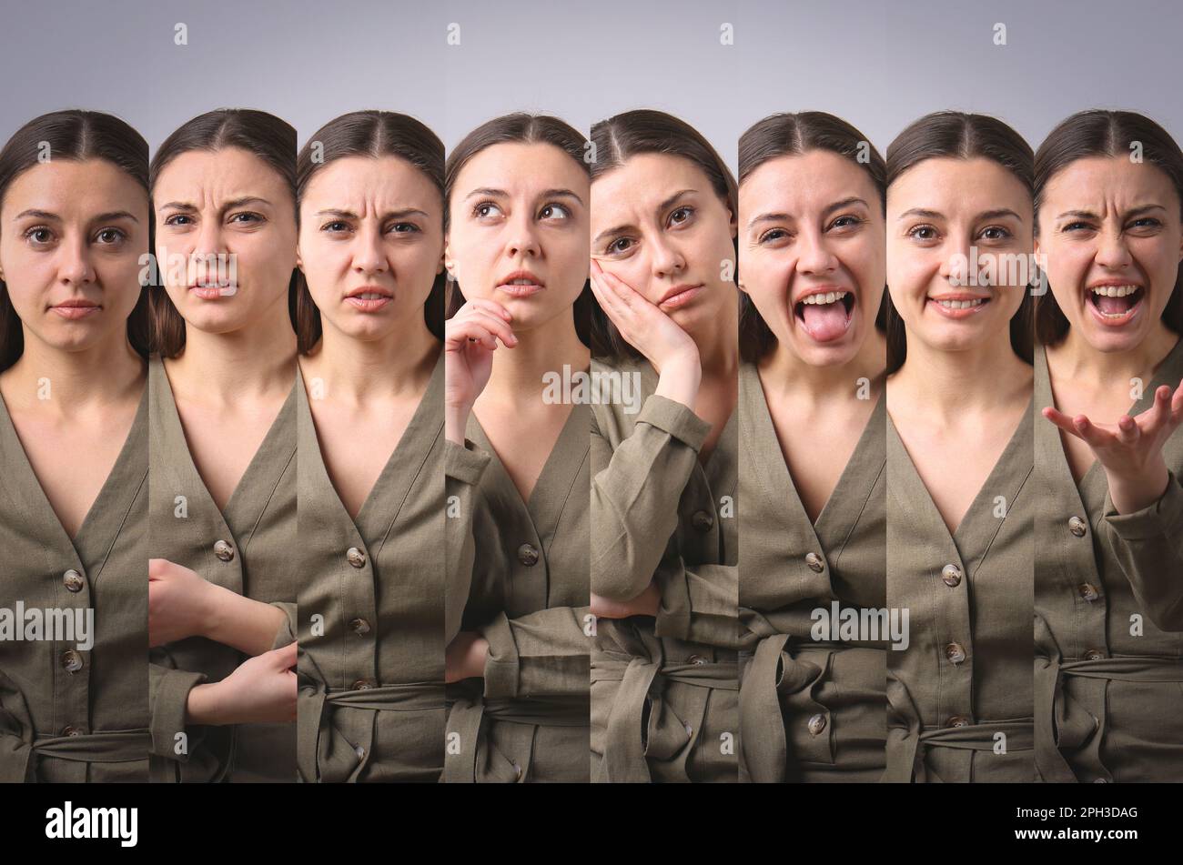 Young woman expressing different emotions on light grey background ...