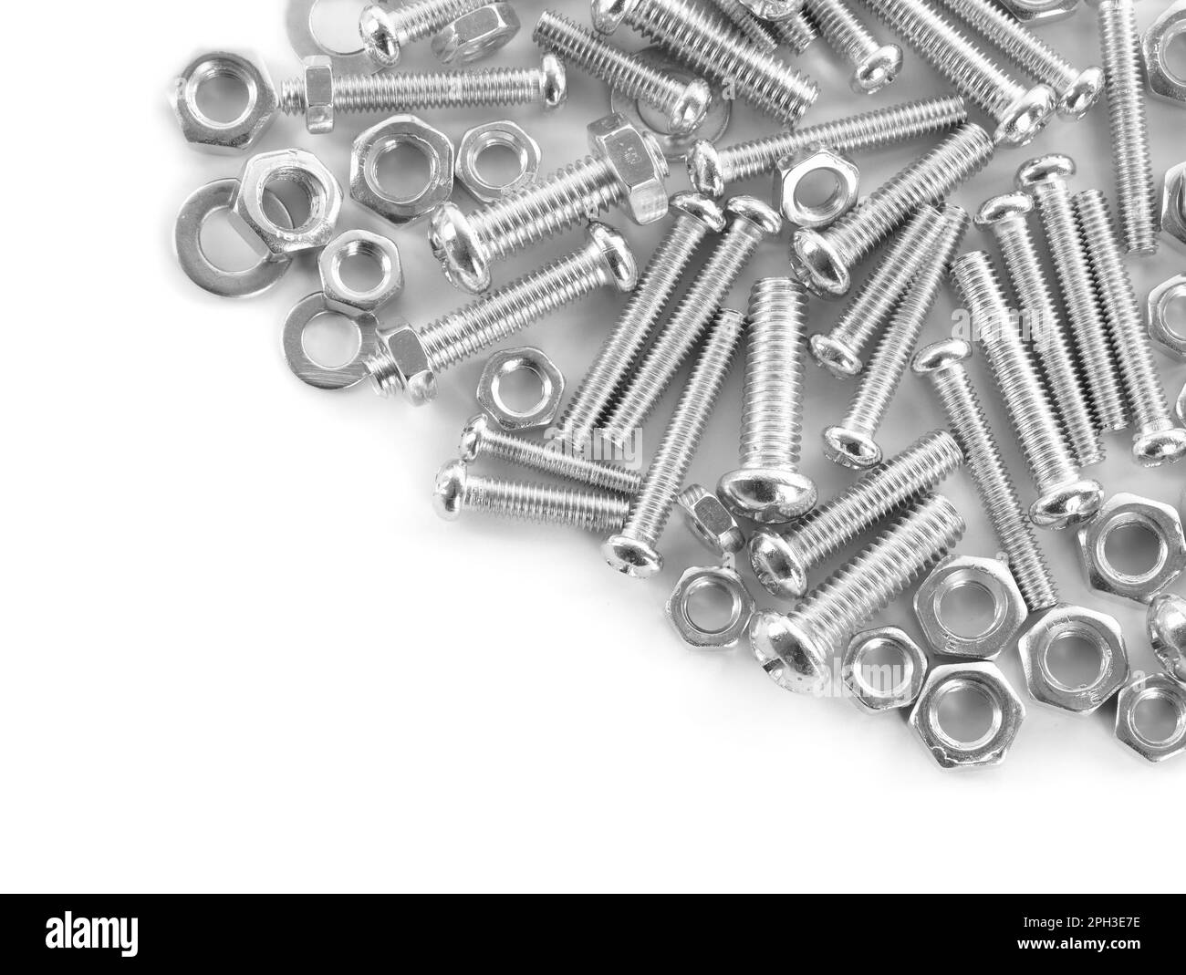 Many metal bolts and nuts on white background, top view Stock Photo - Alamy