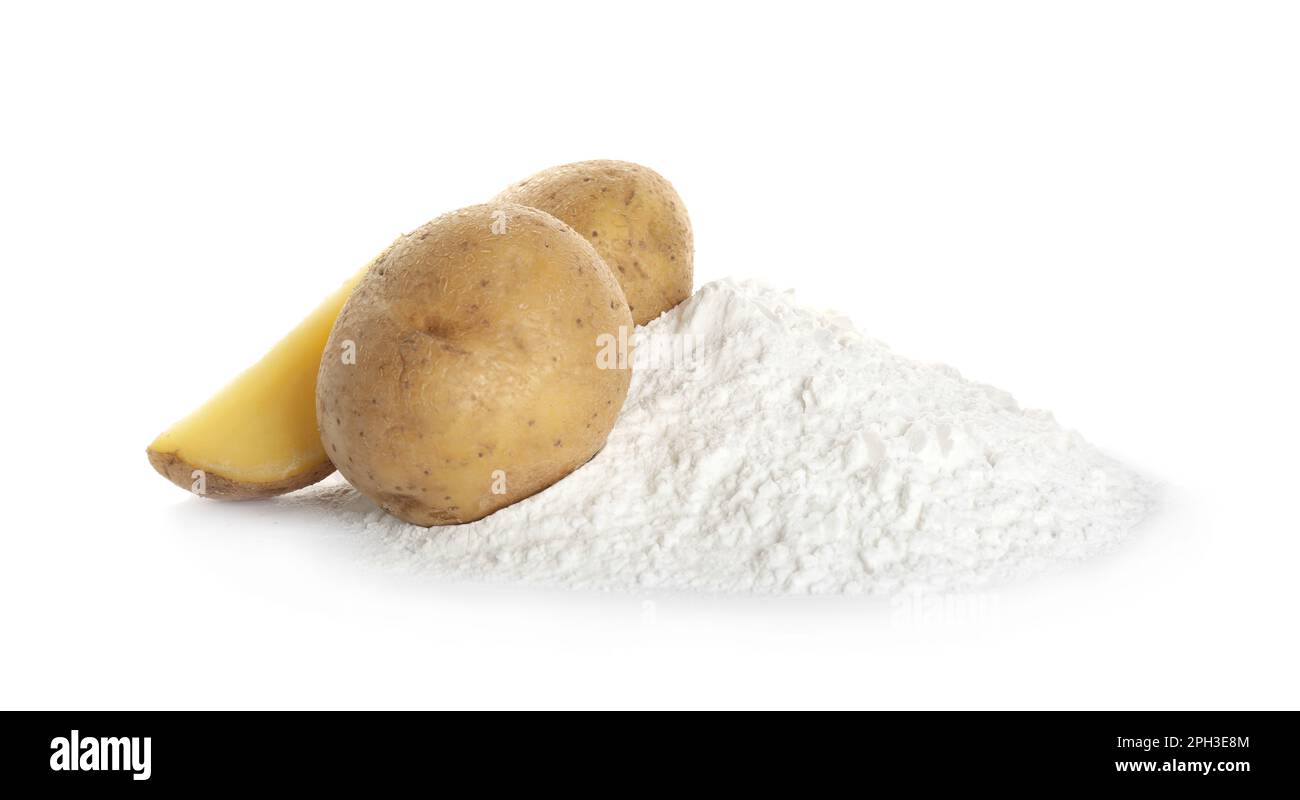 Heap of starch and fresh potatoes on white background Stock Photo - Alamy