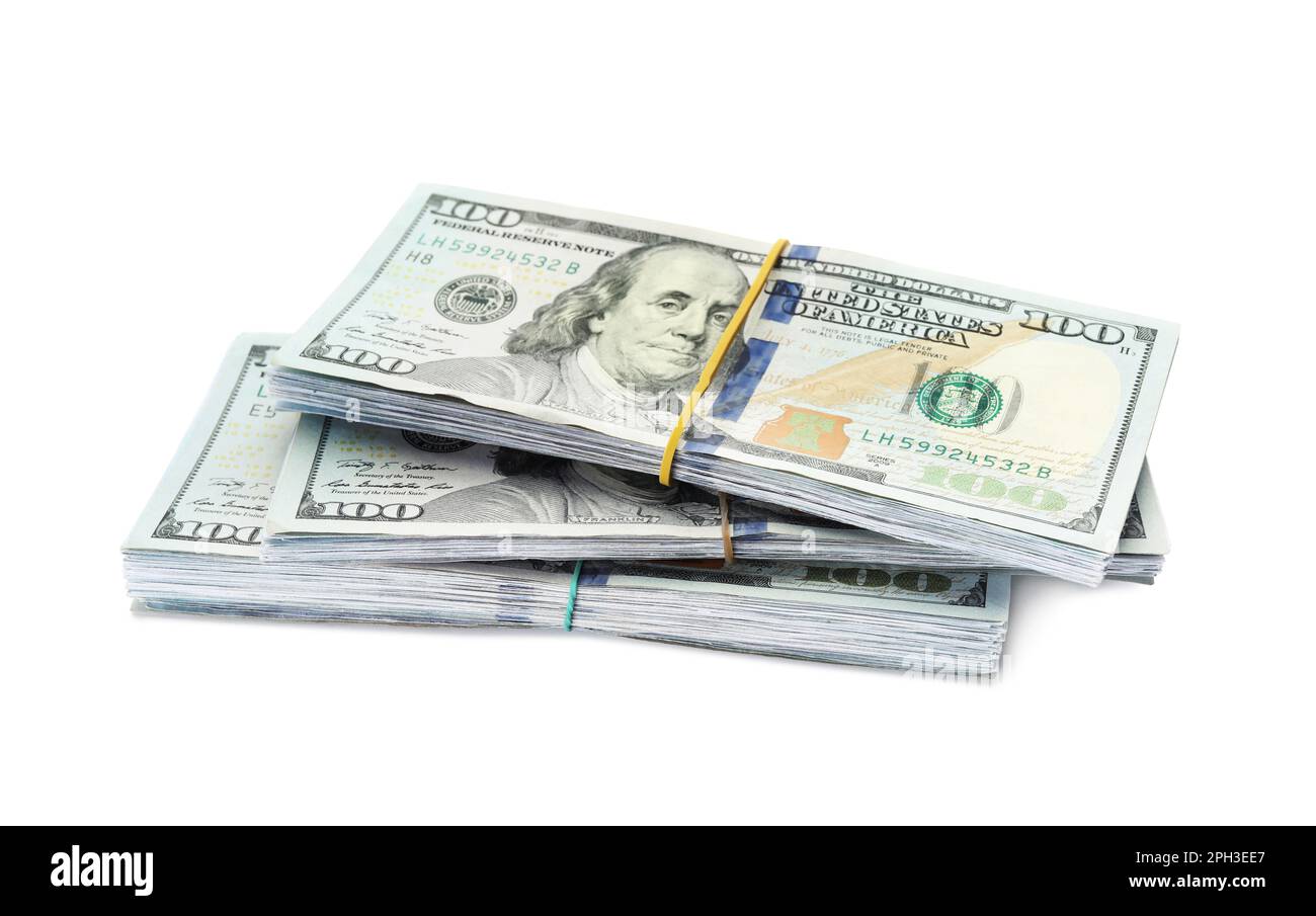 Stack of dollar banknotes on white background. American national ...