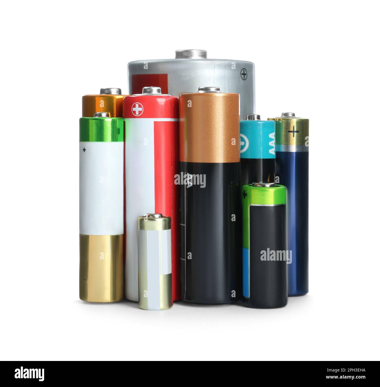 Many batteries of different types on white background Stock Photo - Alamy