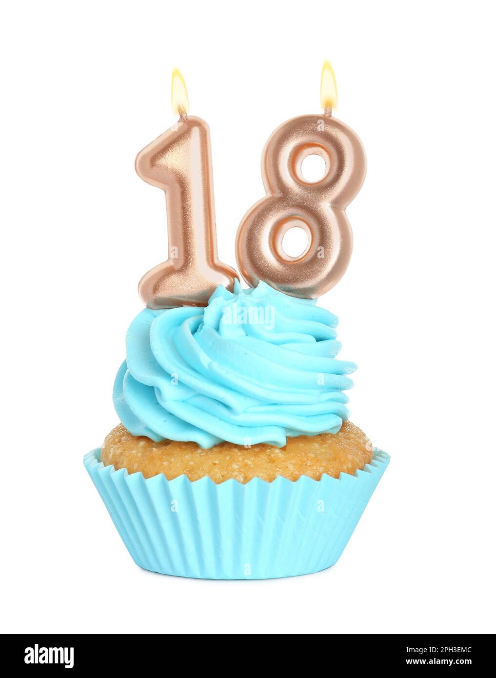 Delicious cupcake with number shaped candles on white background ...