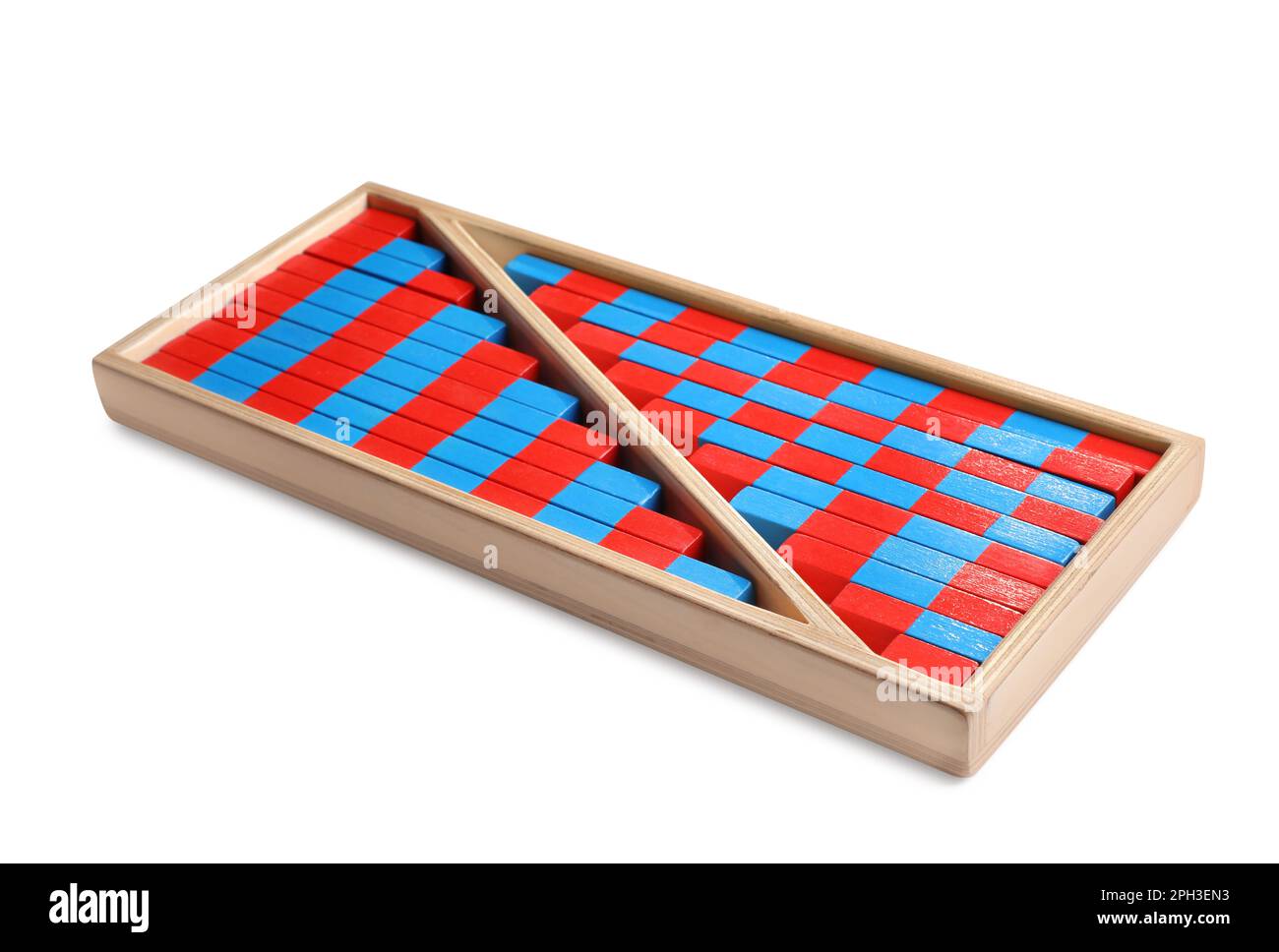 Wooden box with red and blue numerical sticks isolated on white ...