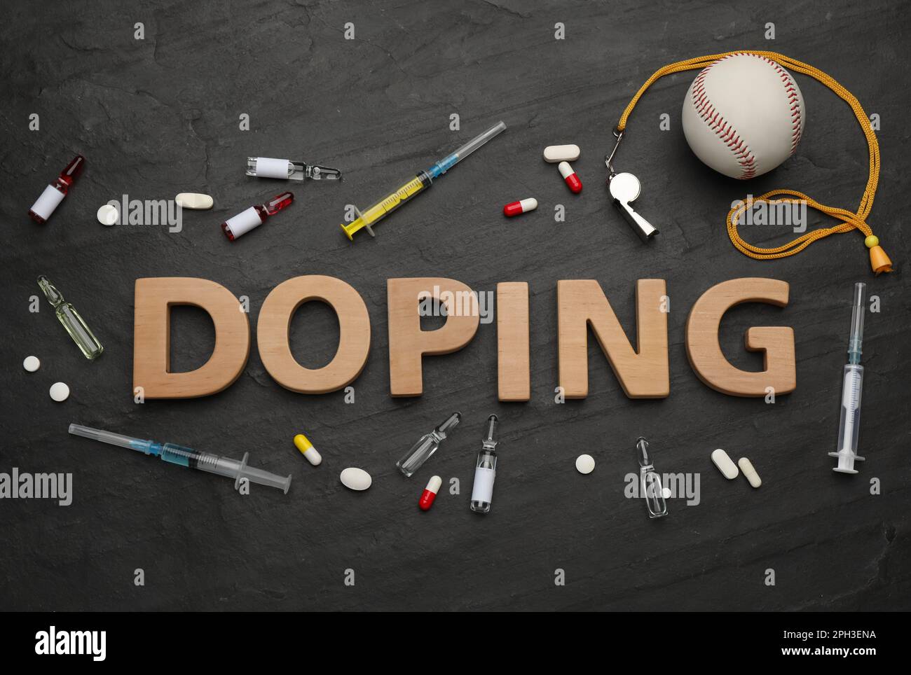 Flat lay composition with word Doping, baseball ball and drugs on black ...