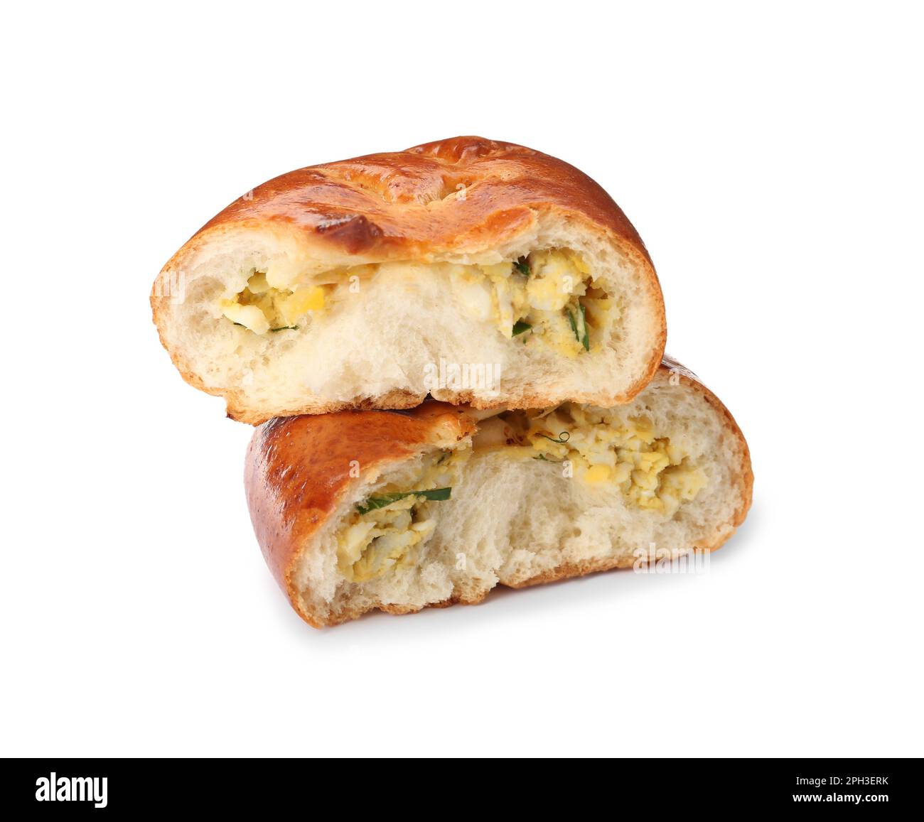 Delicious baked patty with egg on white background Stock Photo - Alamy