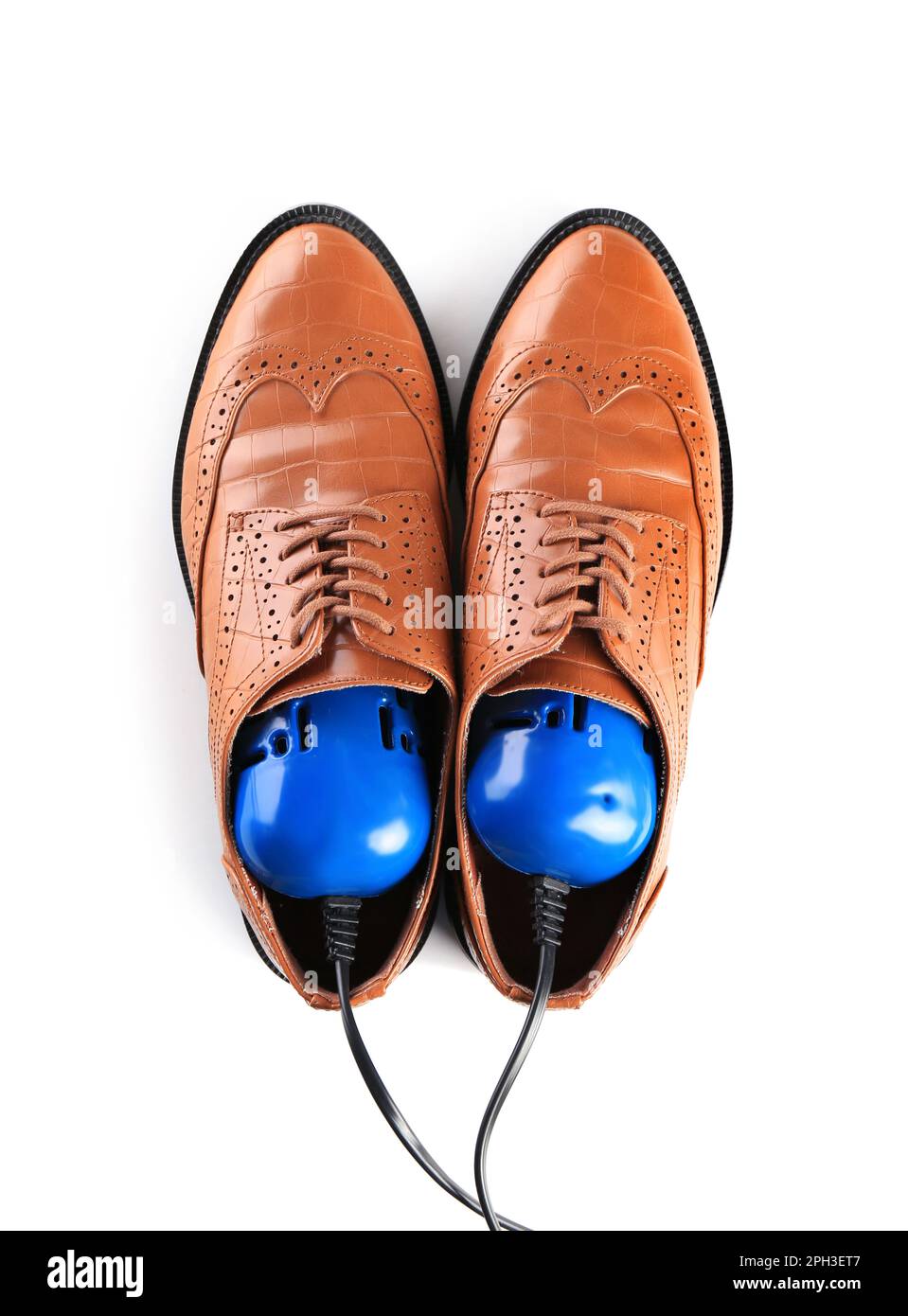 Pair of stylish shoes with modern electric footwear dryer on white ...