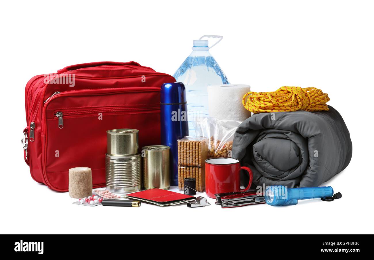Disaster supply kit for earthquake on white background Stock Photo - Alamy Disaster supply kit for earthquake on white background Stock Photo - Alamy