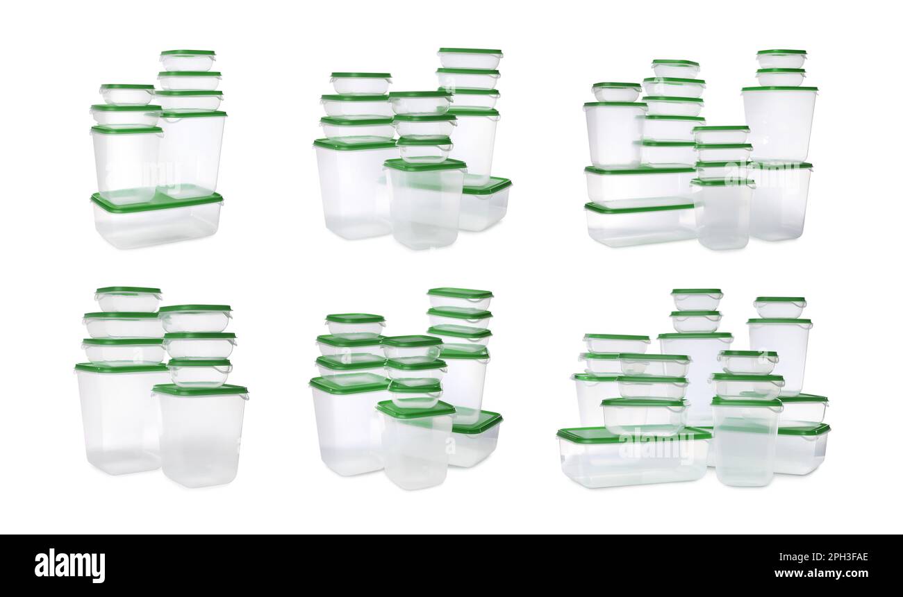Set with empty plastic containers of different sizes for food on white ...