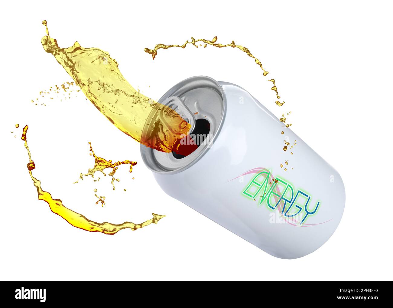 Can of energy drink with splashes on white background Stock Photo - Alamy