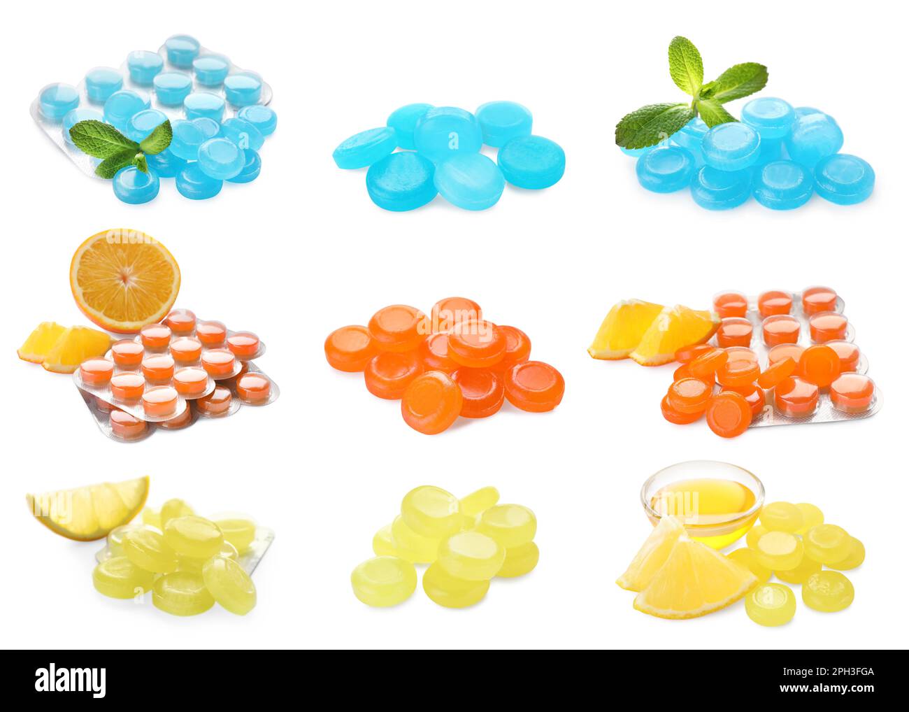 Set with different cough drops on white background Stock Photo - Alamy